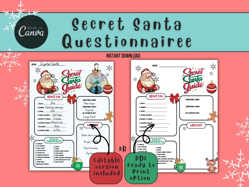 Secret Santa Questionnaire, Teacher Christmas Gift Idea, Gift, Work ...