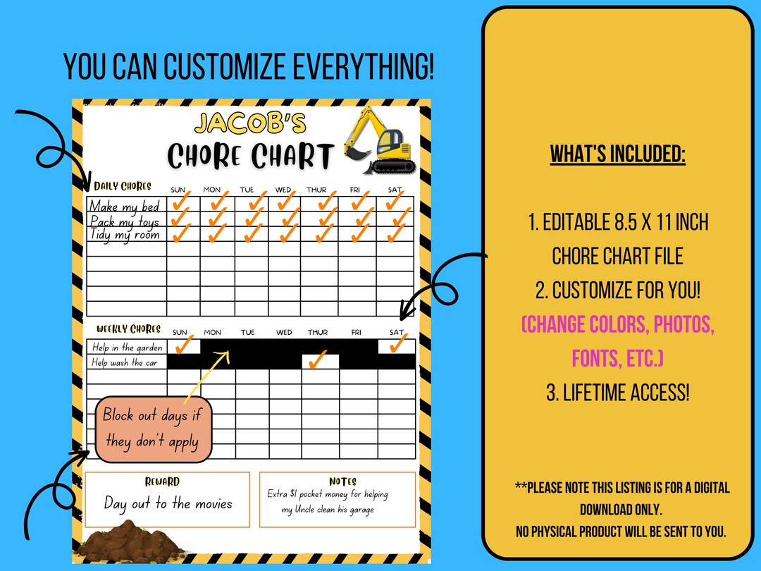 Kids Chore Chart Chore Chart Printable Customized Chore - Etsy