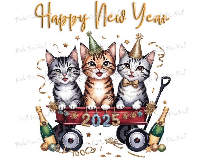 Festive Cats Squad New Year 2025 PNG File - Transparent Background ...