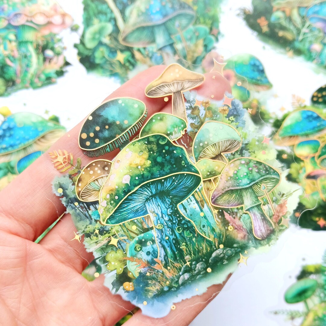 5 Magic Mushroom Sticker Set. Large Green Mystical Mushroom Stickers ...