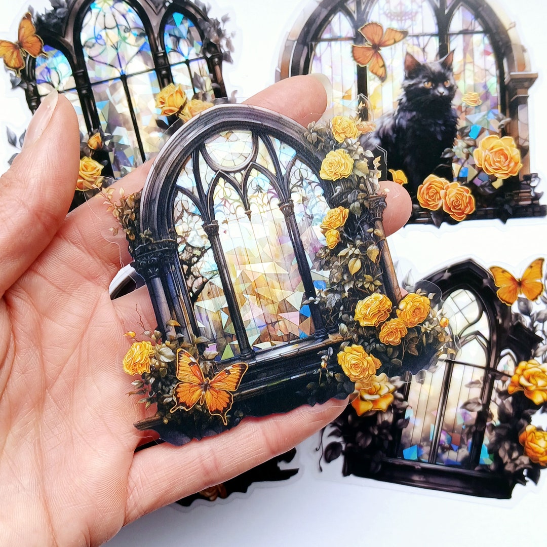 5 Large Gothic Stained Glass Window Stickers With Black Cat ...