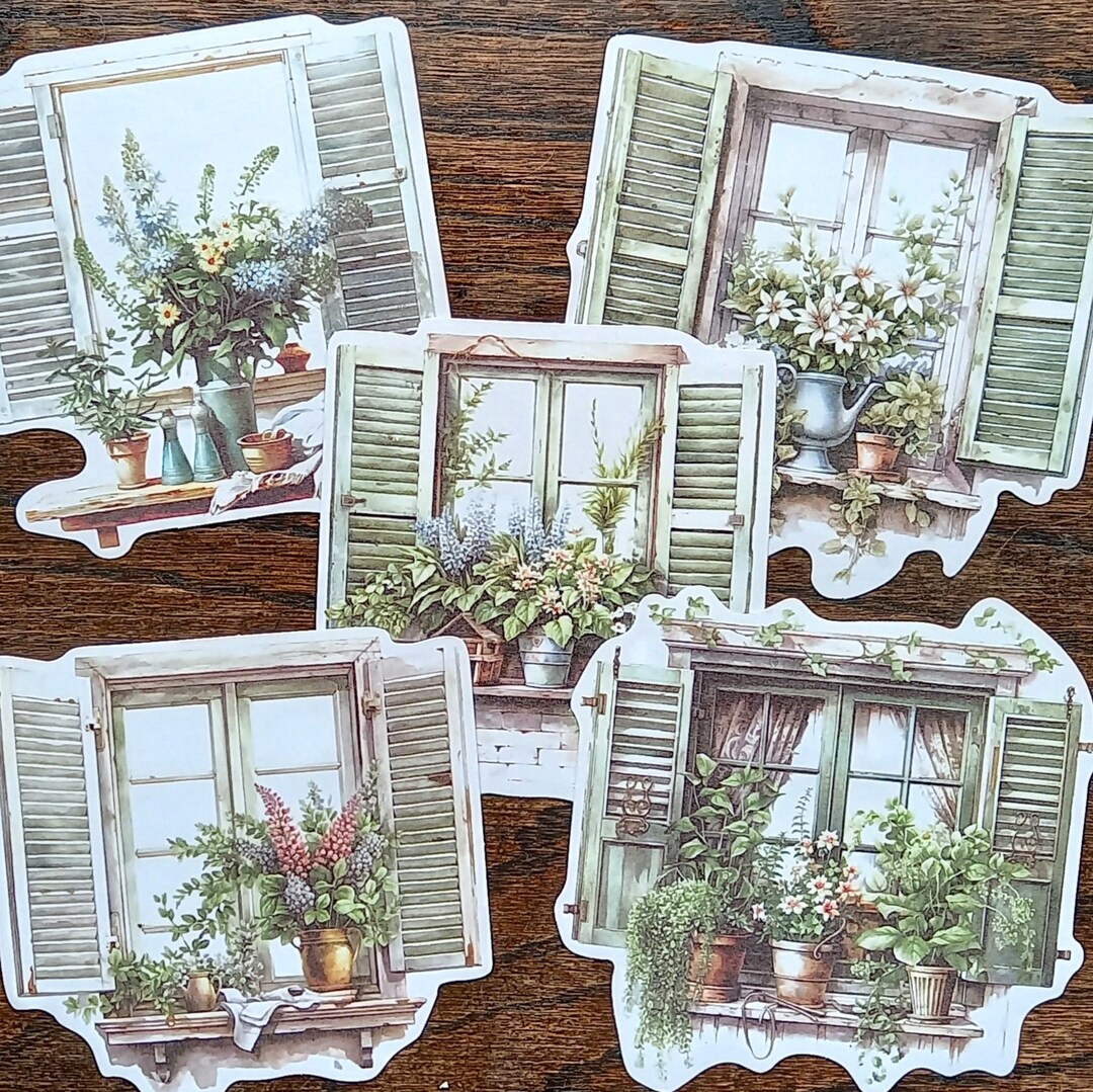 5 Window Picture Sticker Set. Large Window Sill, Flowers and Shutters ...