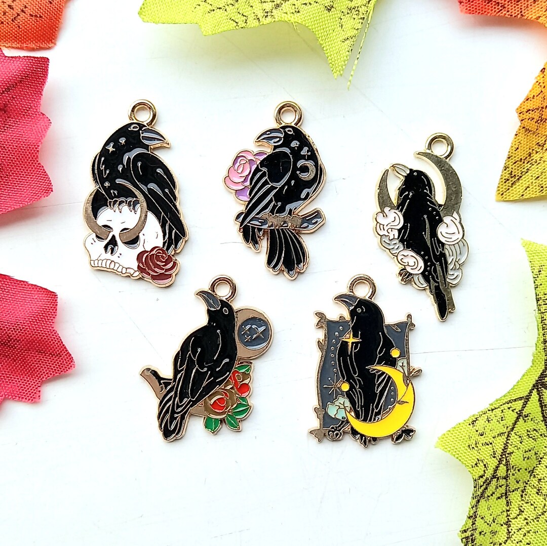 5 Gothic Raven Charms. Metal Sew on Witch Familiar Decorations, Jewelry ...