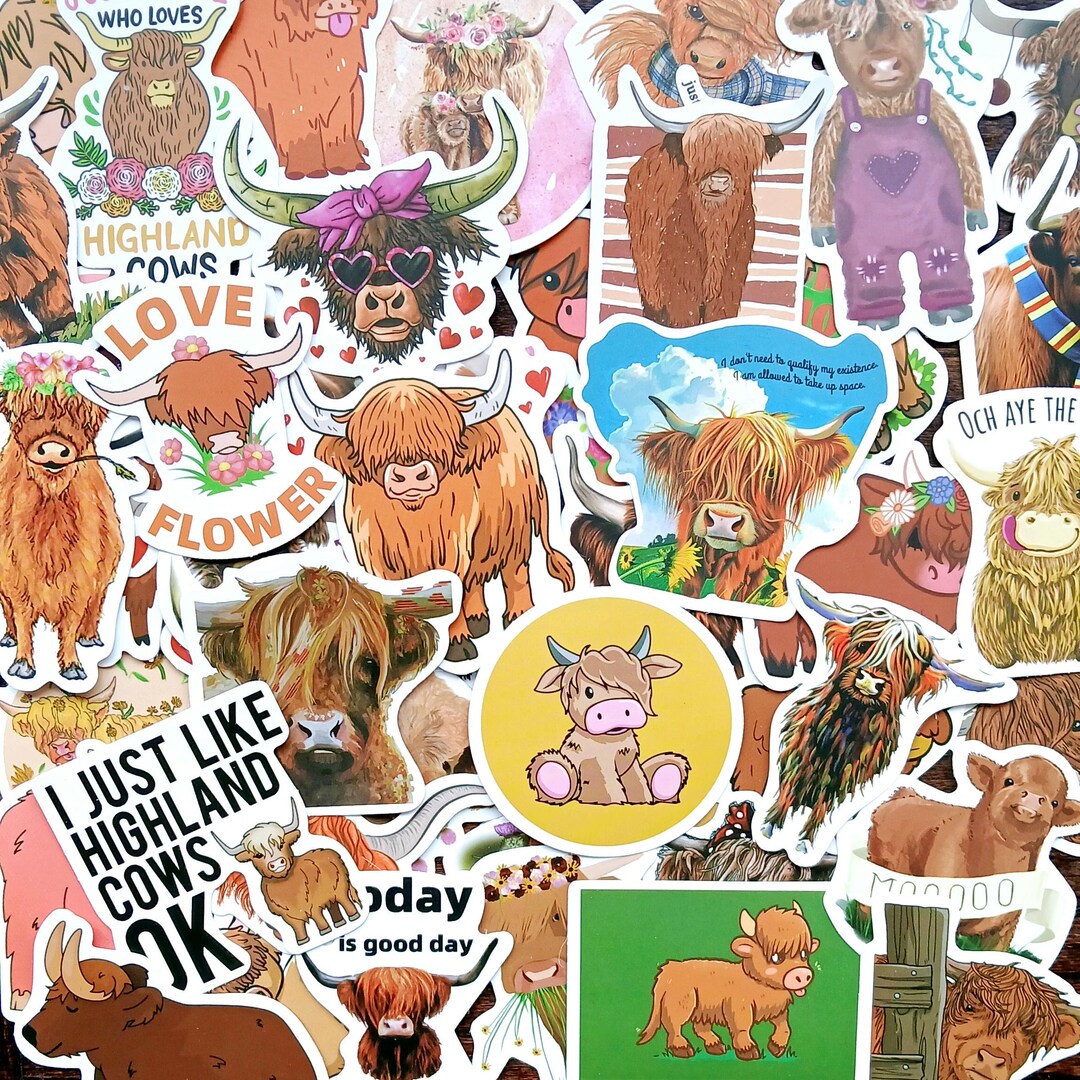 20 Highland Cow Stickers. Farm Animal Brown Cows Sticker Pack for ...