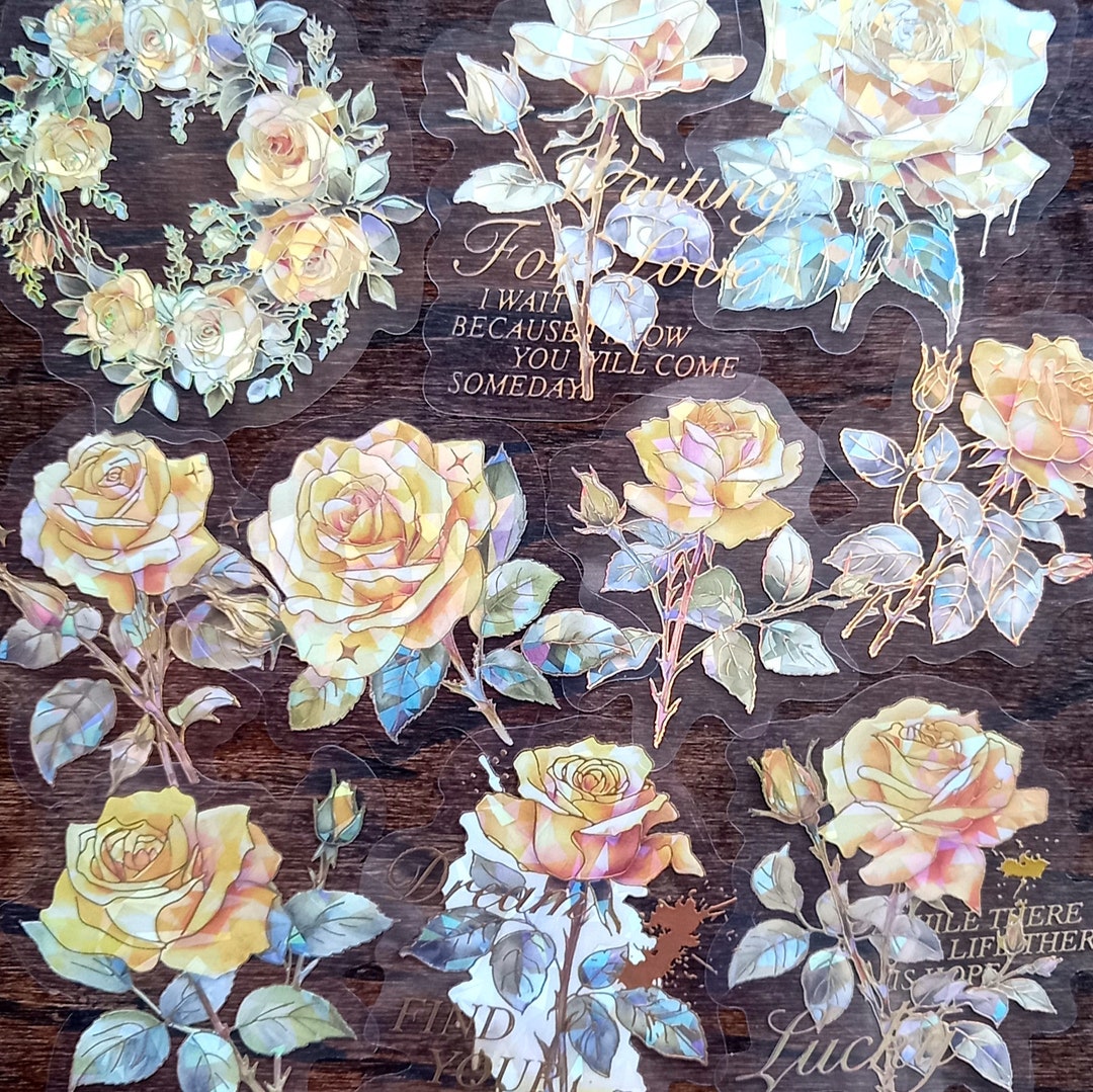 10 Yellow Rose Stickers, Hologram Roses Floral Sticker Pack ...