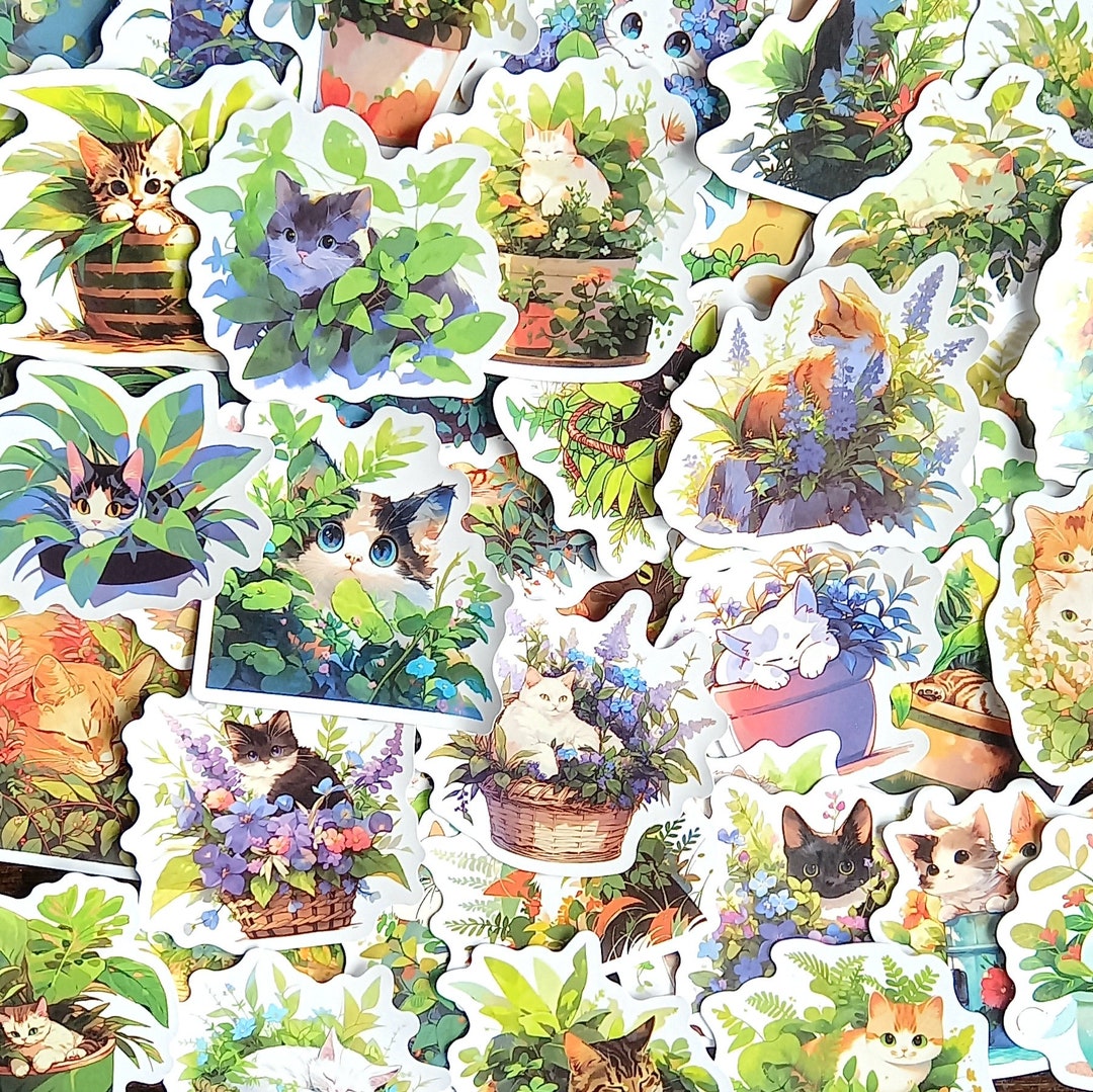 20 Cat and Plant Stickers. Kitties, Plants Planner, Bujo, Scrapbooking ...