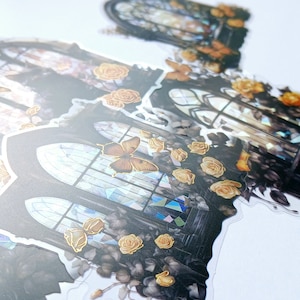 5 Gothic Stickers, Black Cat and Stained Glass Windows With Gold ...