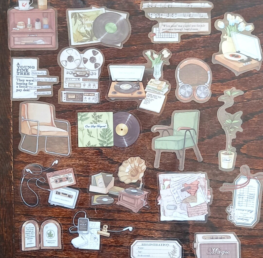 20 Vintage Music Stickers. 70s Retro Sticker Set, Records, Chairs ...