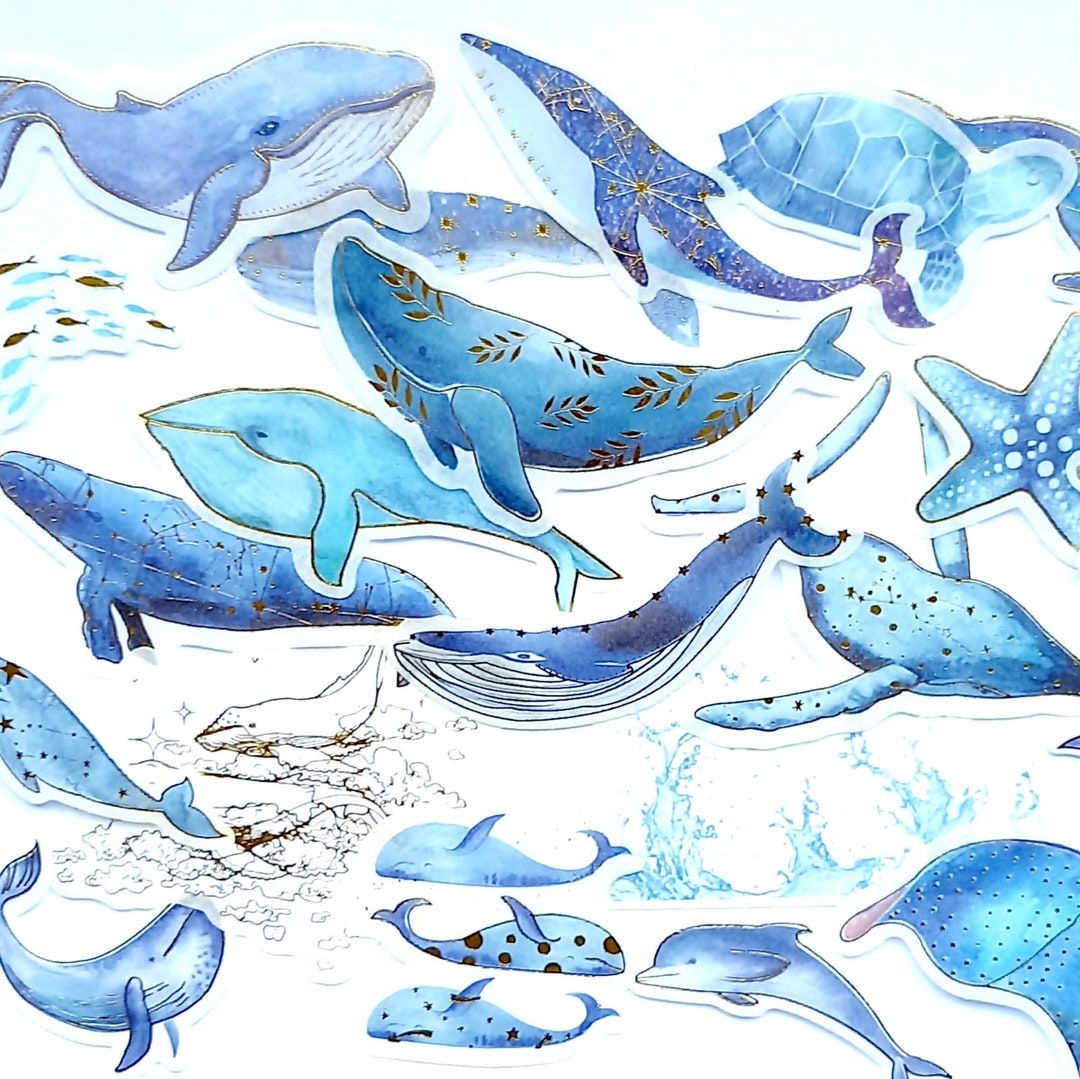 20 Whale Friends Stickers. Gold and Blue Ocean Sticker Set With Whales ...