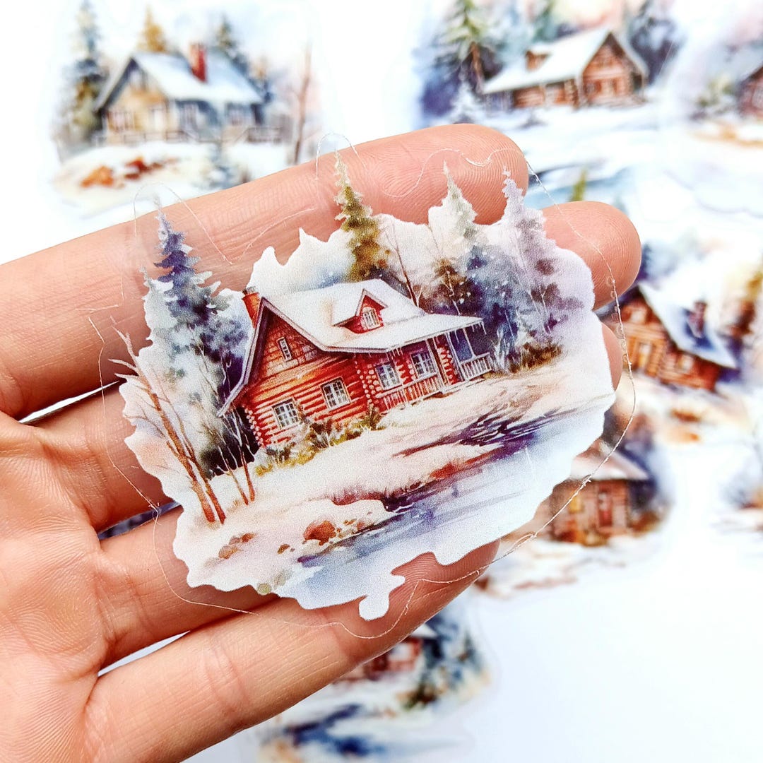 10 Winter Cabin Stickers. Festive Snow Scene Cabin in the Woods Sticker ...
