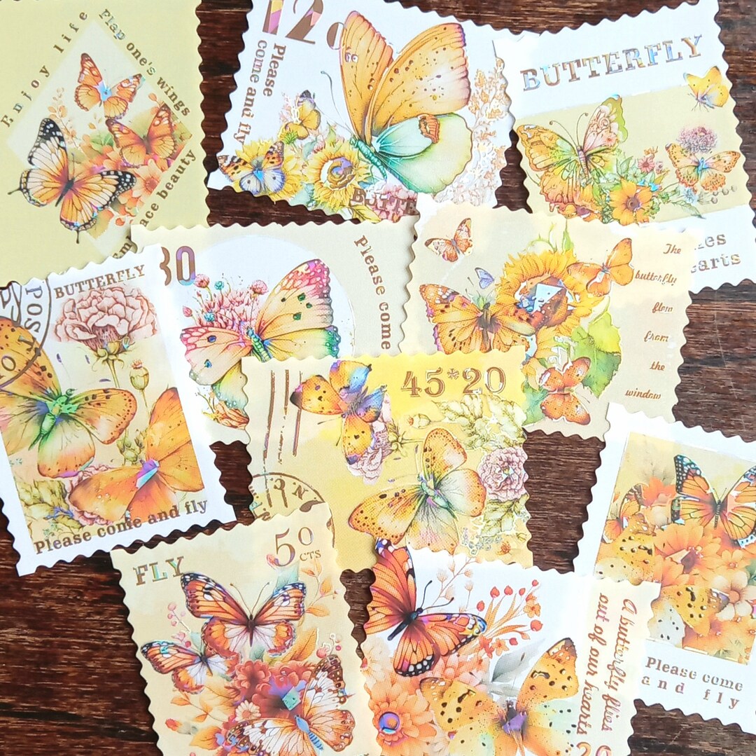 10 Butterfly Stamp Stickers, Vintage Stamps, Hologram Sticker Pack in ...