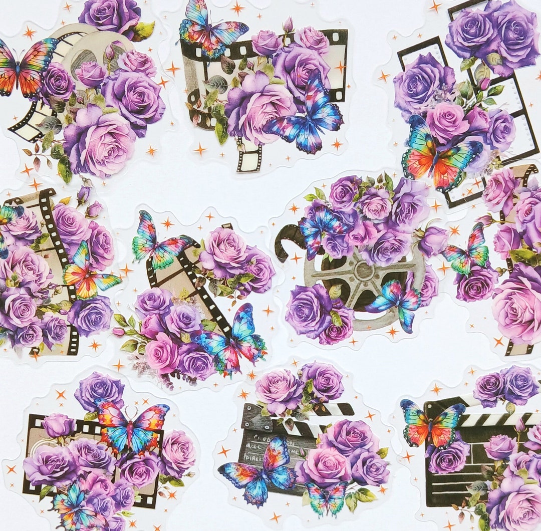 10 Purple Rose Movie Stickers. Butterflies and Roses, Film Style ...