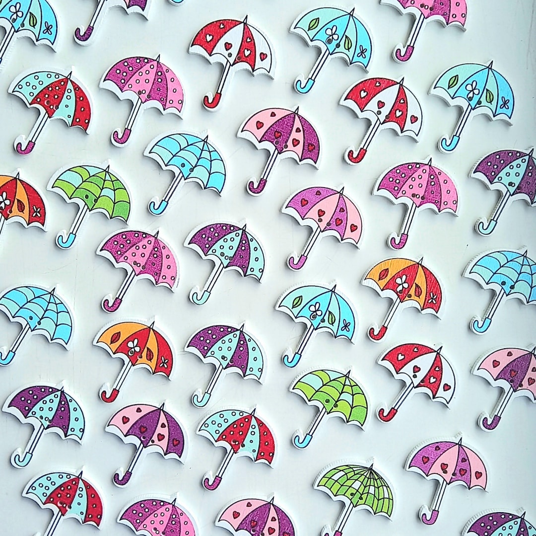 Large Umbrella Button X 10. Colourful Wooden Craft Buttons 3.5cm. Mixed ...