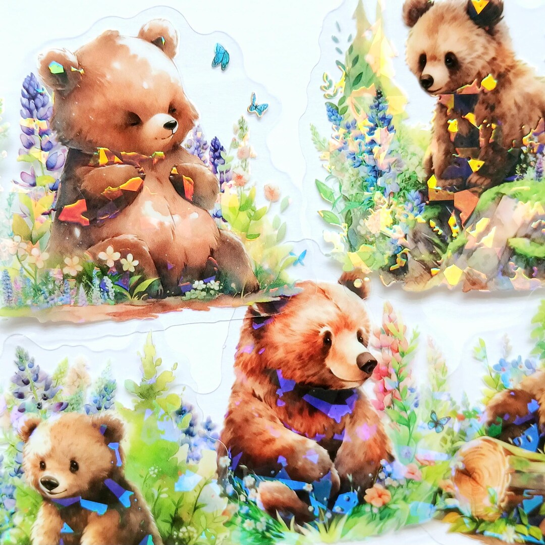 10 Cute Bear Stickers. Hologram Bears With Flowers, Spring Forest ...