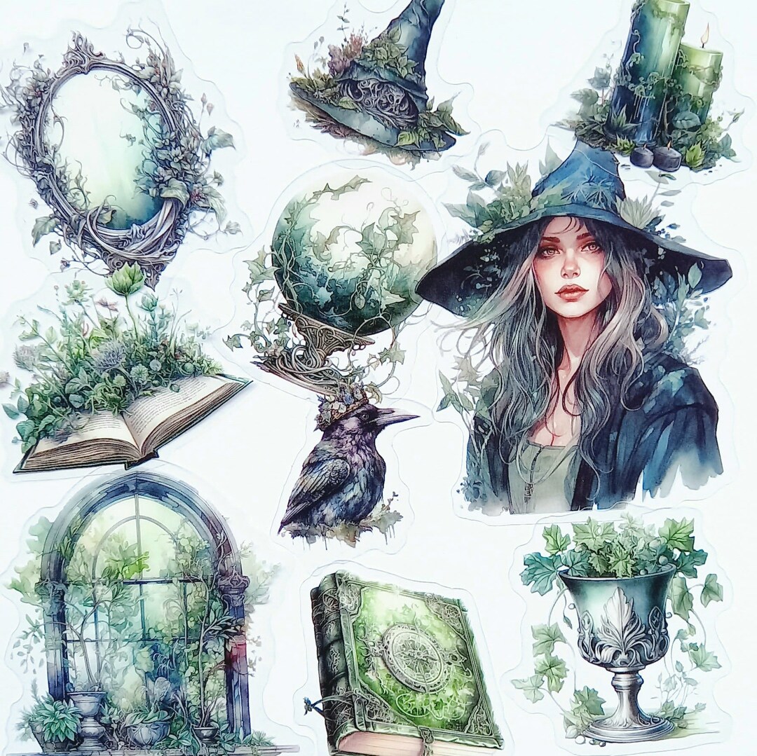 10 Green Witch Stickers. Witchy Sticker Set, Candles, Familiar Bird ...