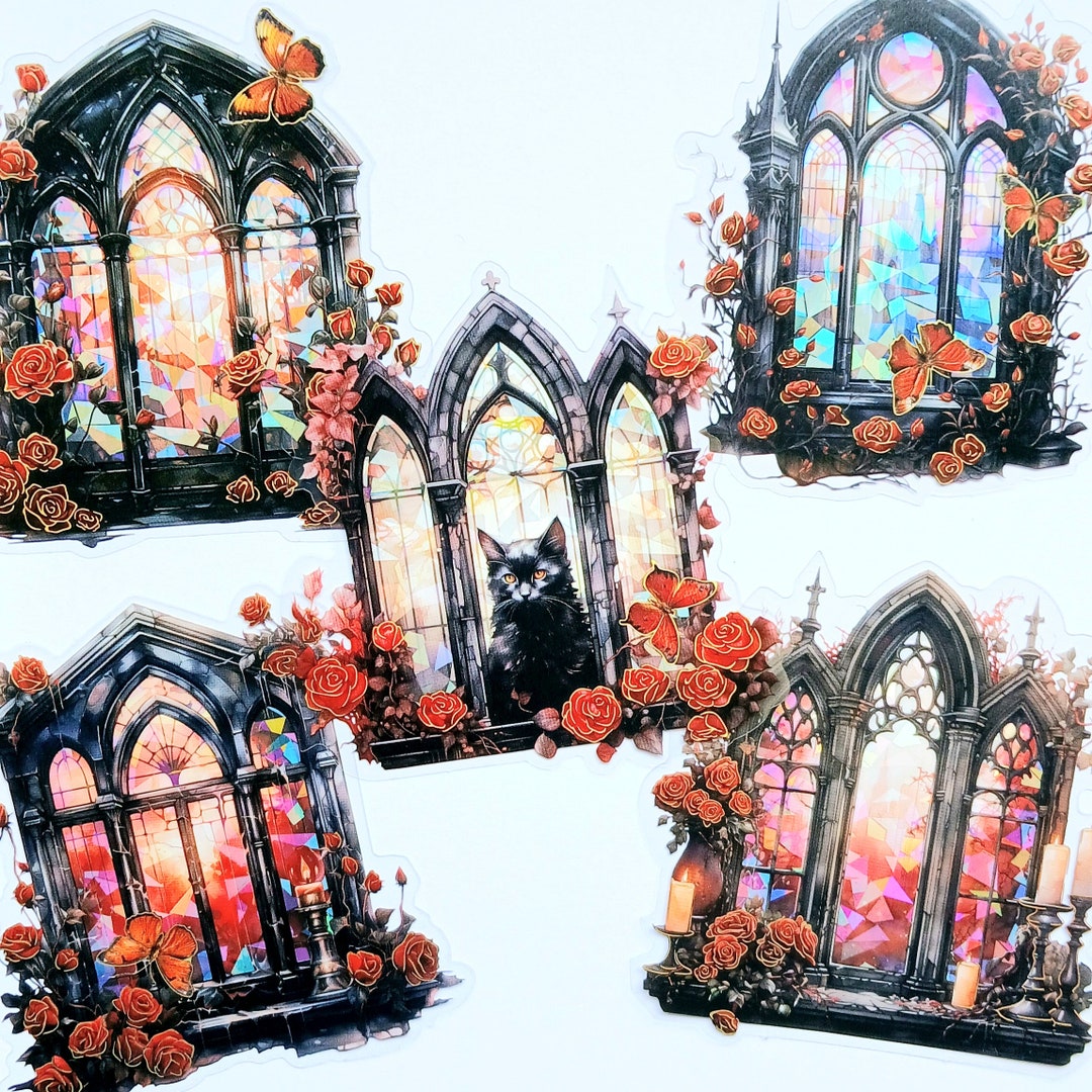 5 Large Gothic Stained Glass Window Stickers With Black Cat ...