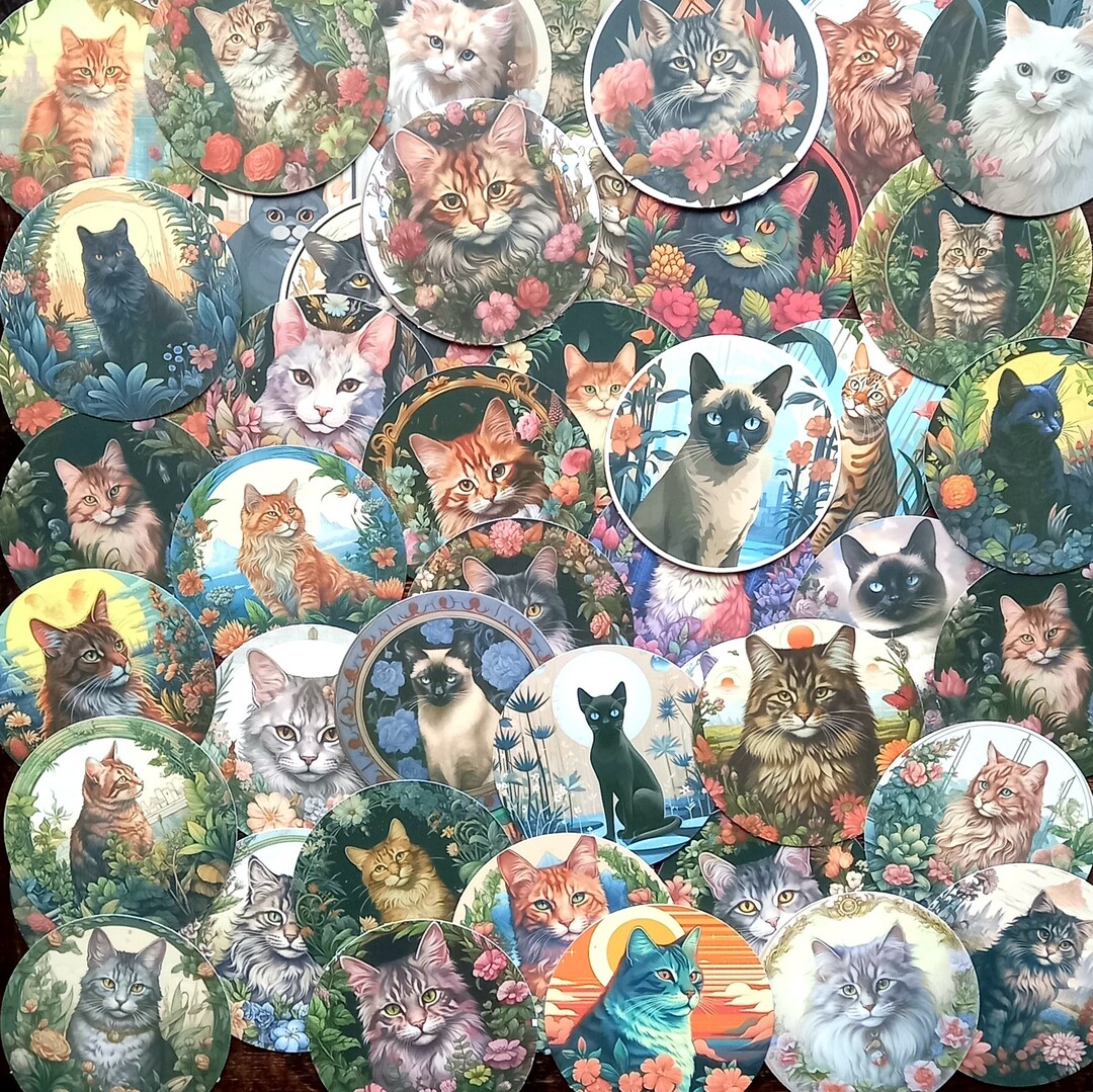 20 Floral Cat Stickers: Vintage Style, Scrapbooking, Cat Mon Bujo ...