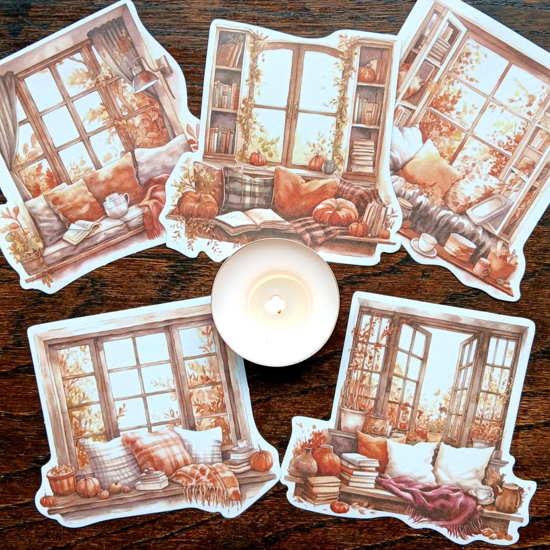 5 Large Fall Scene Paper Stickers. Pumpkins, Blankets, Windows, Books ...
