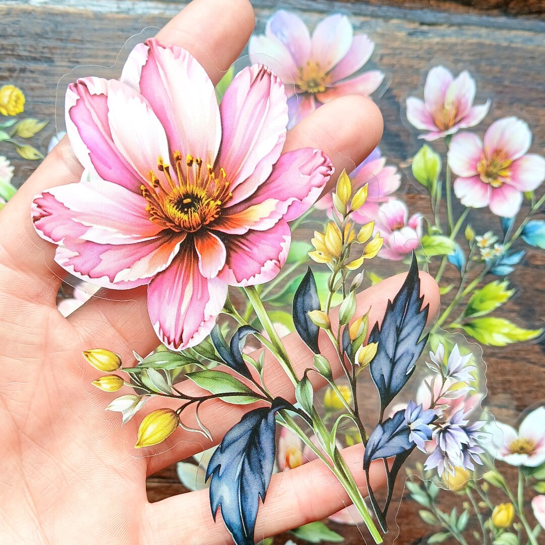 10 Big Pink Flower Stickers. Large Floral Sticker Pack for Scrapbooking ...