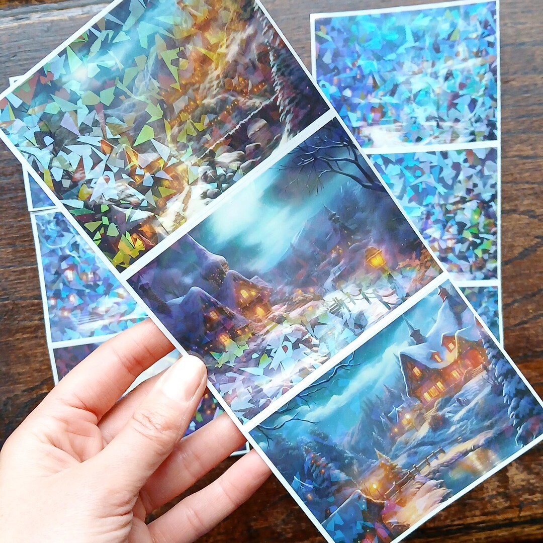 9 Large Winter Village Stickers. Hologram Festive Snowy Houses Forest ...