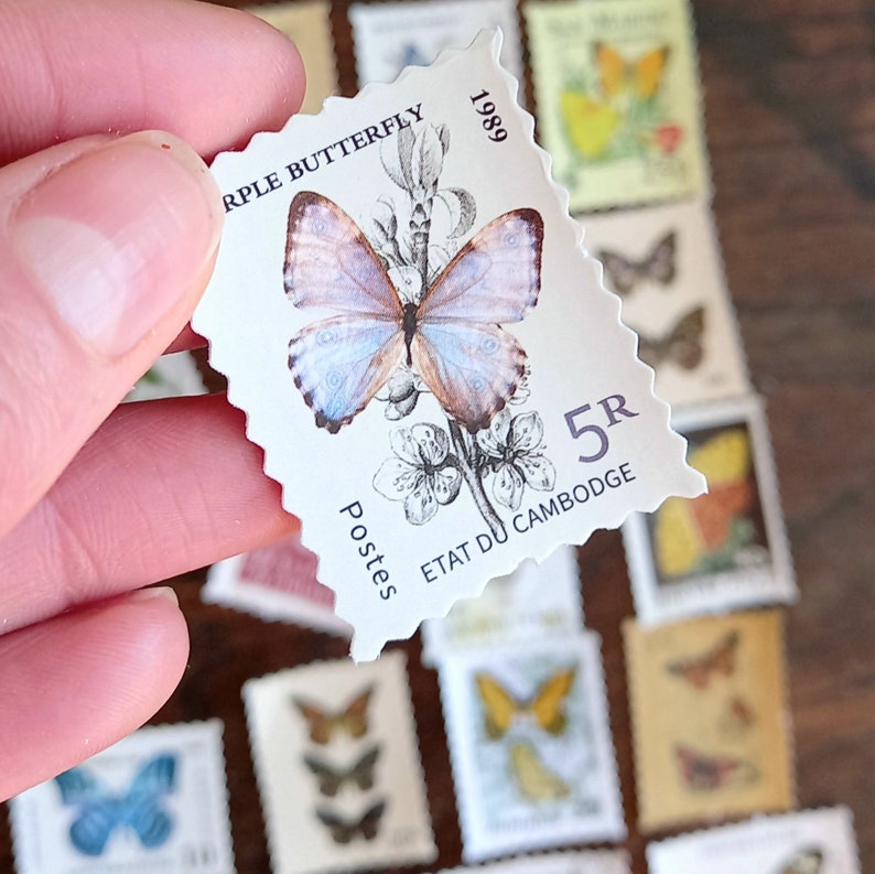 23 Vintage Stamp Stickers. Retro Boho Butterflies on Stamps Sticker Set ...