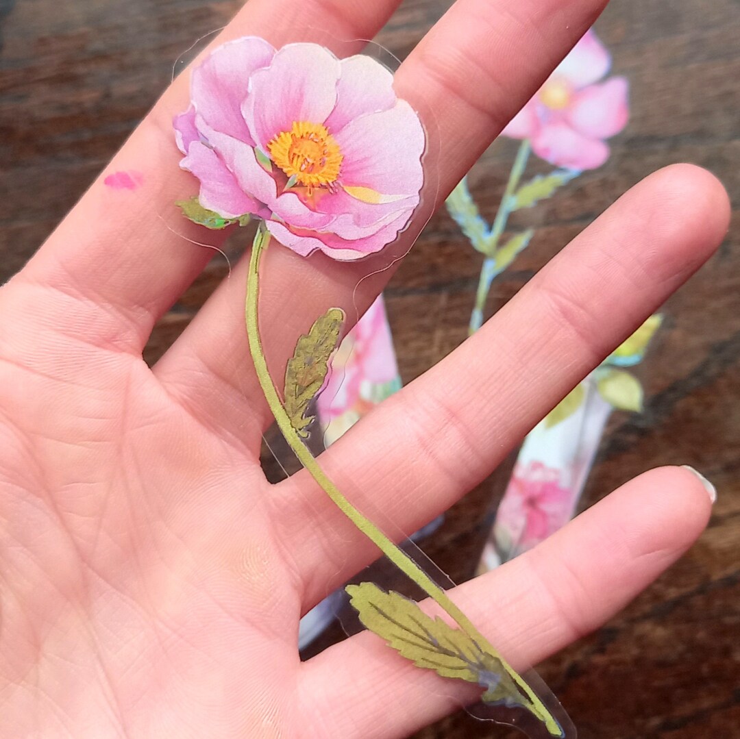 5 Large Pink Flower Stickers. Pretty Clear Cello Decorative Stickers ...
