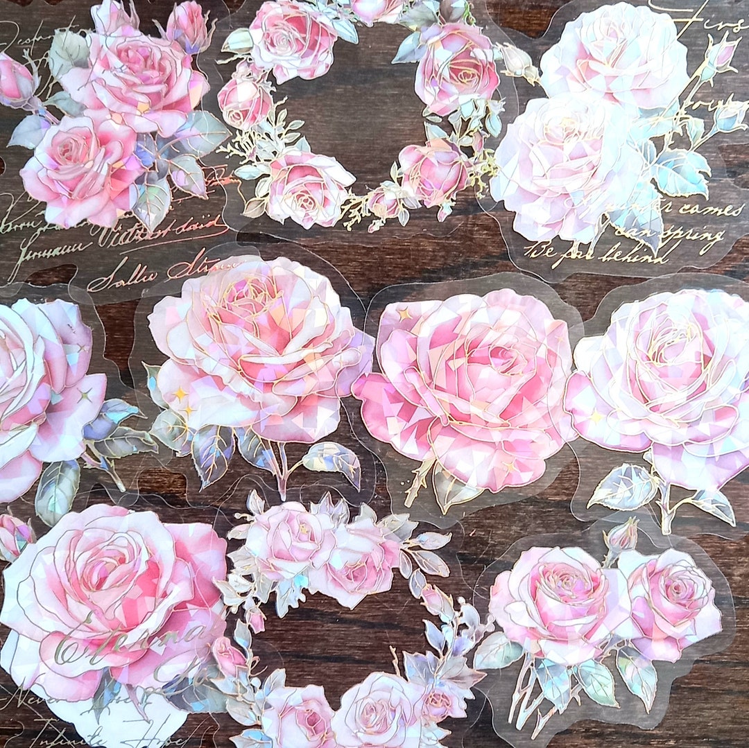 10 Pink Rose Stickers, Hologram Roses With Gold Detailing & Writing for ...