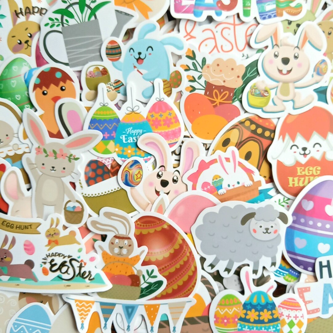 20 Spring, Easter Stickers. Bunnies, Eggs, Text, Chicks, Bunting ...