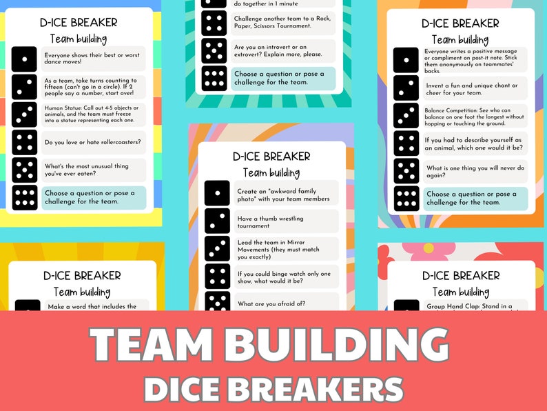 Team Building Dice Breakers Game: Team Tasks, Questions, Challenges - Etsy Team Building Dice Breakers Game: Team Tasks, Questions, Challenges - Etsy