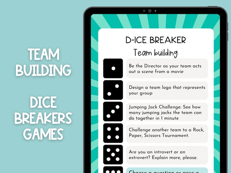 Team Building Dice Breakers Game: Team Tasks, Questions, Challenges - Etsy Team Building Dice Breakers Game: Team Tasks, Questions, Challenges - Etsy