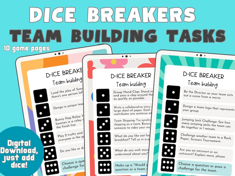 Team Building Dice Breakers Game: Team Tasks, Questions, Challenges - Etsy Team Building Dice Breakers Game: Team Tasks, Questions, Challenges - Etsy