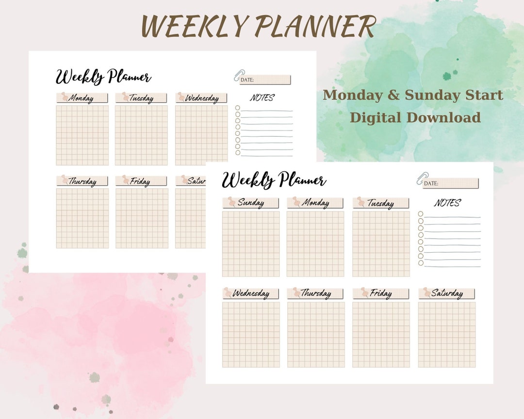 Weekly Planner Printable, Monday Start, Sunday Start, INSTANT DOWNLOAD ...