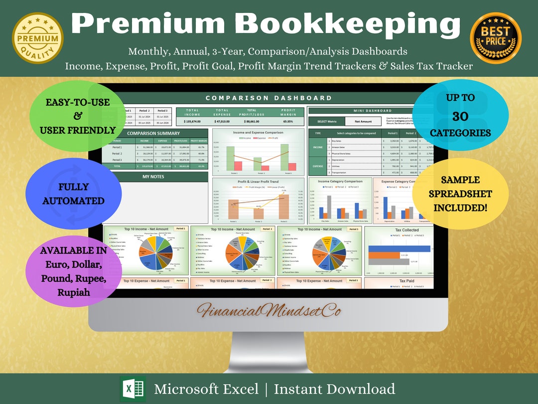 Small Business Bookkeeping Excel Spreadsheet, Income Expense Tracker ...