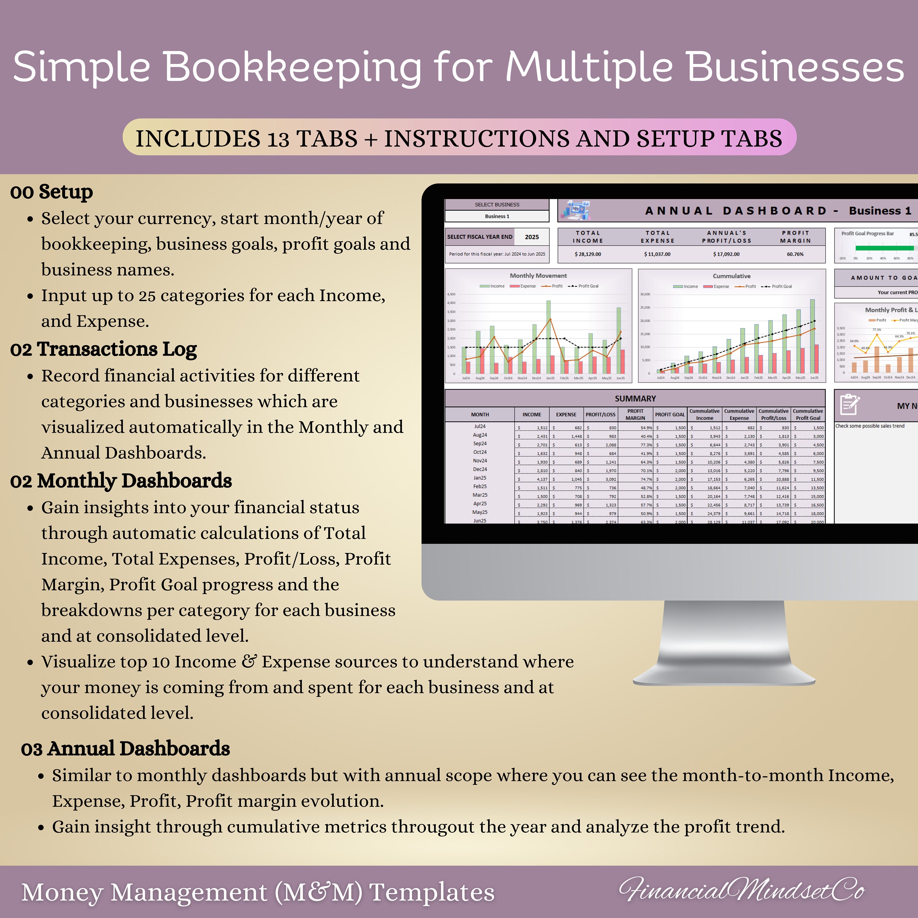 Easy Bookkeeping Excel Template for Multiple Businesses, Simple Budget ...