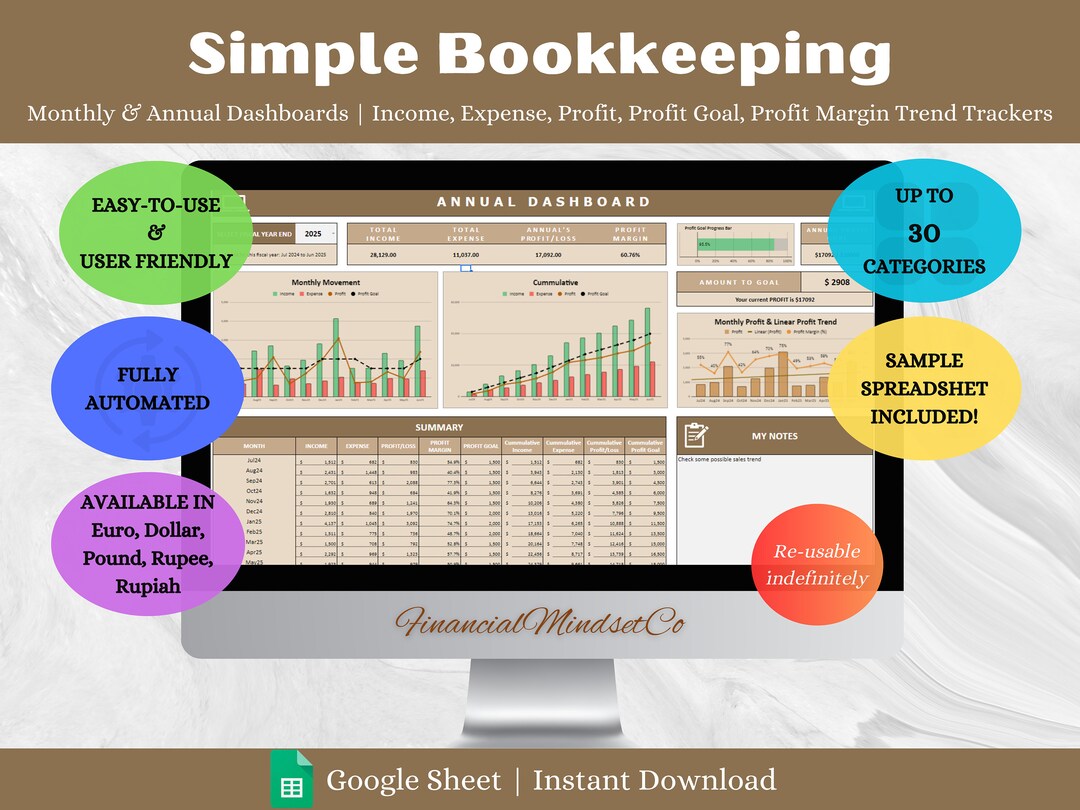 Simple Easy Bookkeeping Google Template for Small Business, Monthly ...
