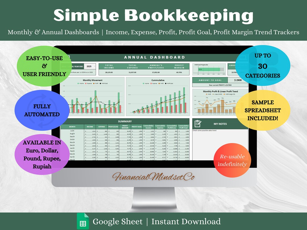 Simple Bookkeeping Google Sheet for Individual and Business, Monthly ...