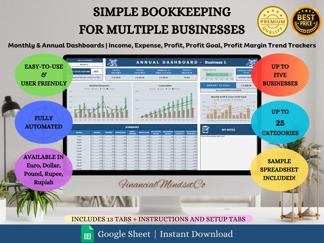 Simple Bookkeeping Google Sheet Template for Multiple Business, Monthly ...
