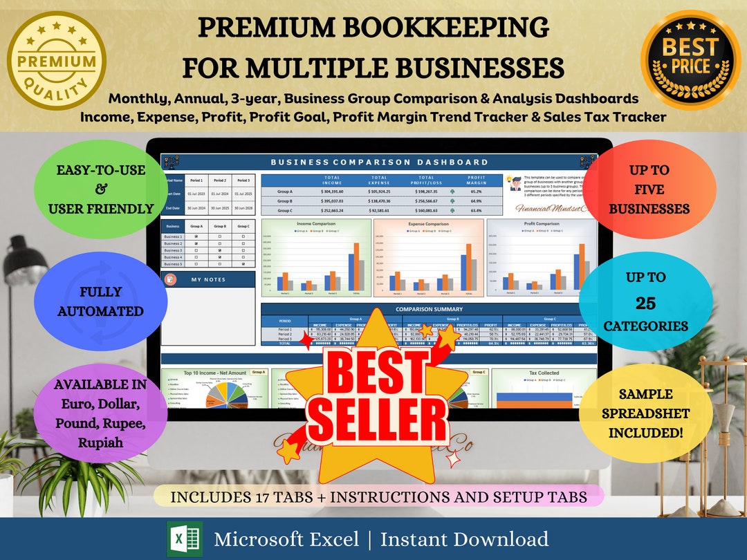 Premium Bookkeeping Template Excel Sheet for Bookkeeping Multiple Business, Monthly Annual ...