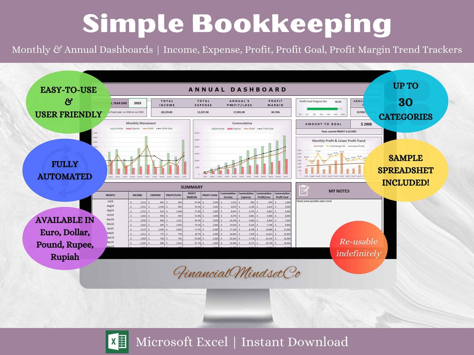 Simple Easy Bookkeeping Excel Template for Individual Small Business ...