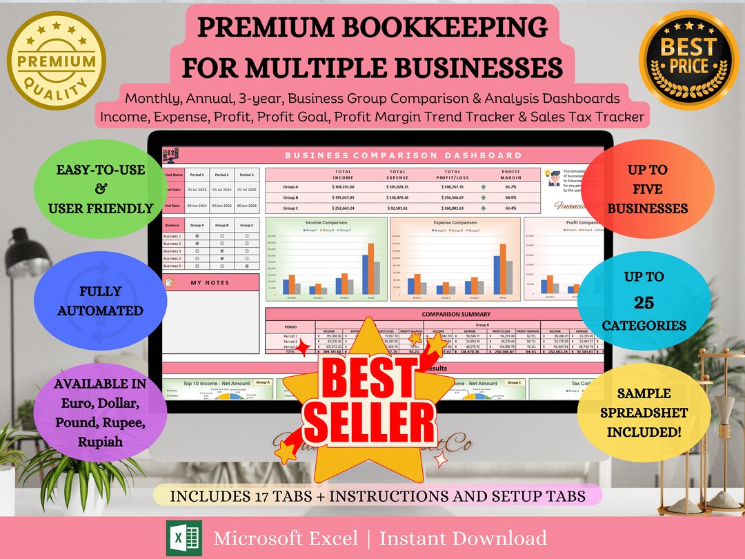 Ultimate Bookkeeping Template for Multiple Business, Premium Monthly ...