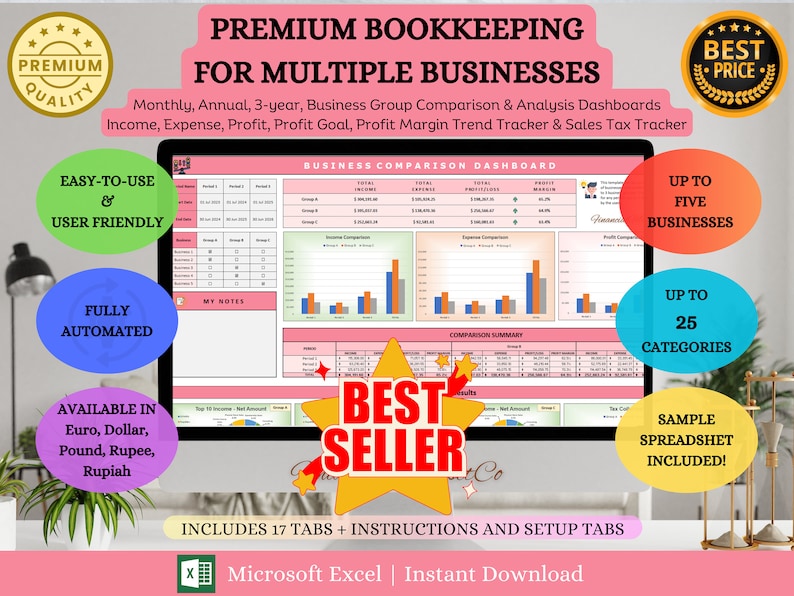 Ultimate Bookkeeping Template for Multiple Business, Premium Monthly Annual Profit and Loss ...