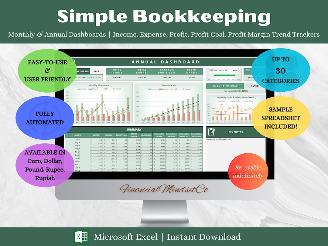 Simple Bookkeeping Excel Spreadsheet for Individual and Small Business, Monthly Annual Profit ...