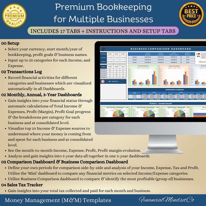 Premium Bookkeeping Template Excel Sheet for Bookkeeping Multiple Business, Monthly Annual ...