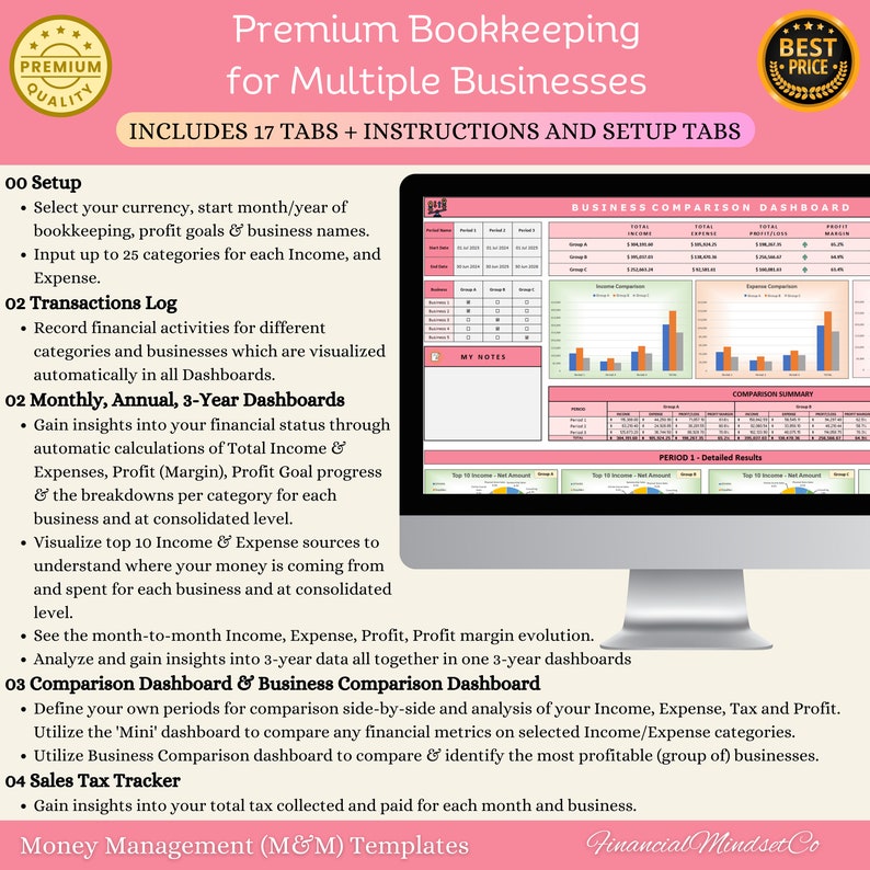 Ultimate Bookkeeping Template for Multiple Business, Premium Monthly ...