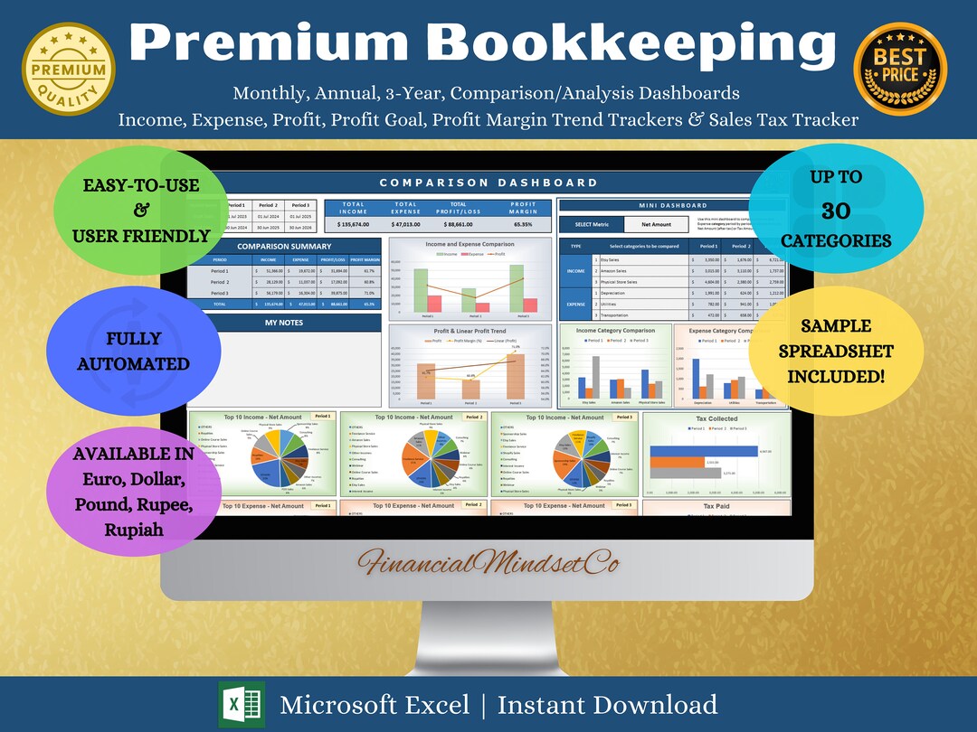 Bookkeeping Template for Small Business, Monthly Annual Profit Sales ...