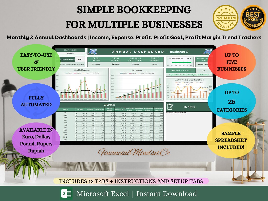 Simple Bookkeeping Template for Small Business Monthly Annual - Etsy