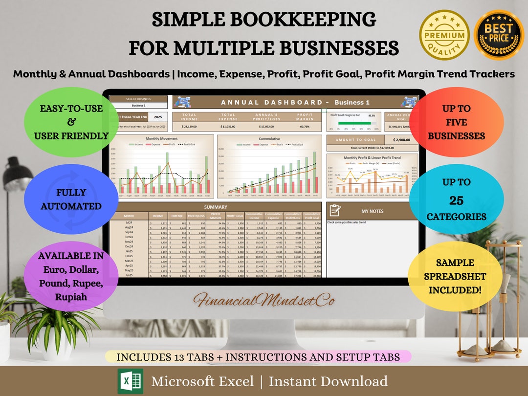 Simple Easy Bookkeeping Excel Template for Business Owners and ...
