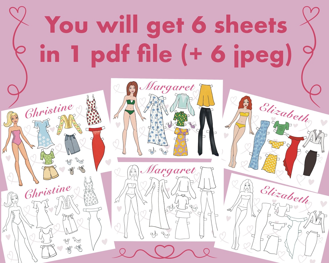 6 Printable Paper Doll Dress up With Clothes - Digital PDF, Dress up ...