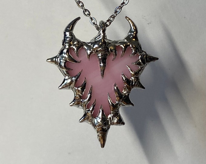 Pink Devil Heart Spiky Gothic Necklace Soft Solder Stained Glass Silver ...