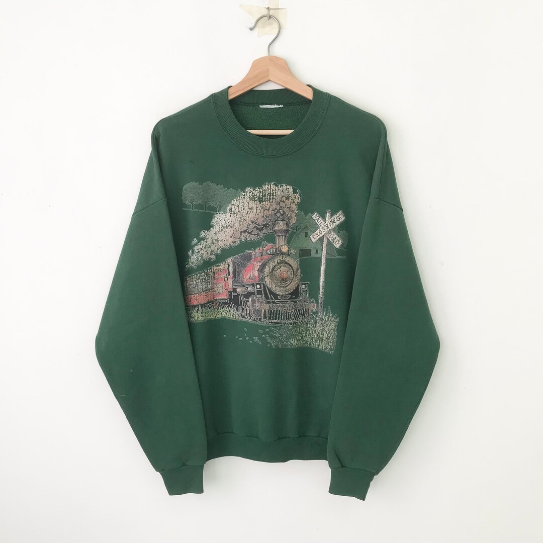 Vintage 90's Railroad Crossing Graphic Green Sweatshirt Large Railroad ...